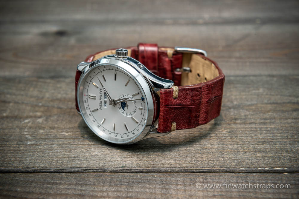 Alligator watch strap Burgundy, handmade in Finland