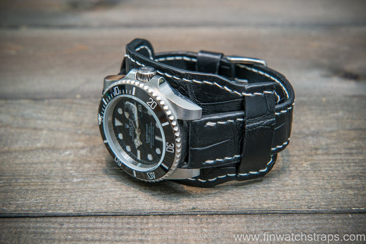 Bund-style Leather Watch Strap, Aviator model, Black alligator (Italy)