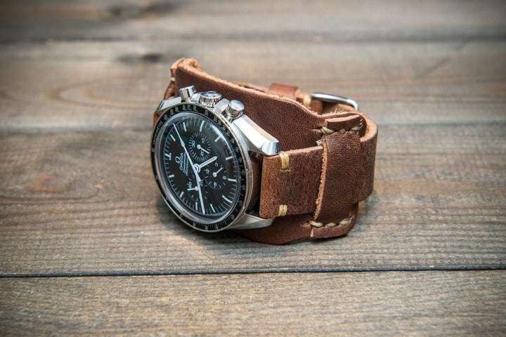 Bund-style Leather Watch Strap, Aviator model, Horween Derby Nut Brown