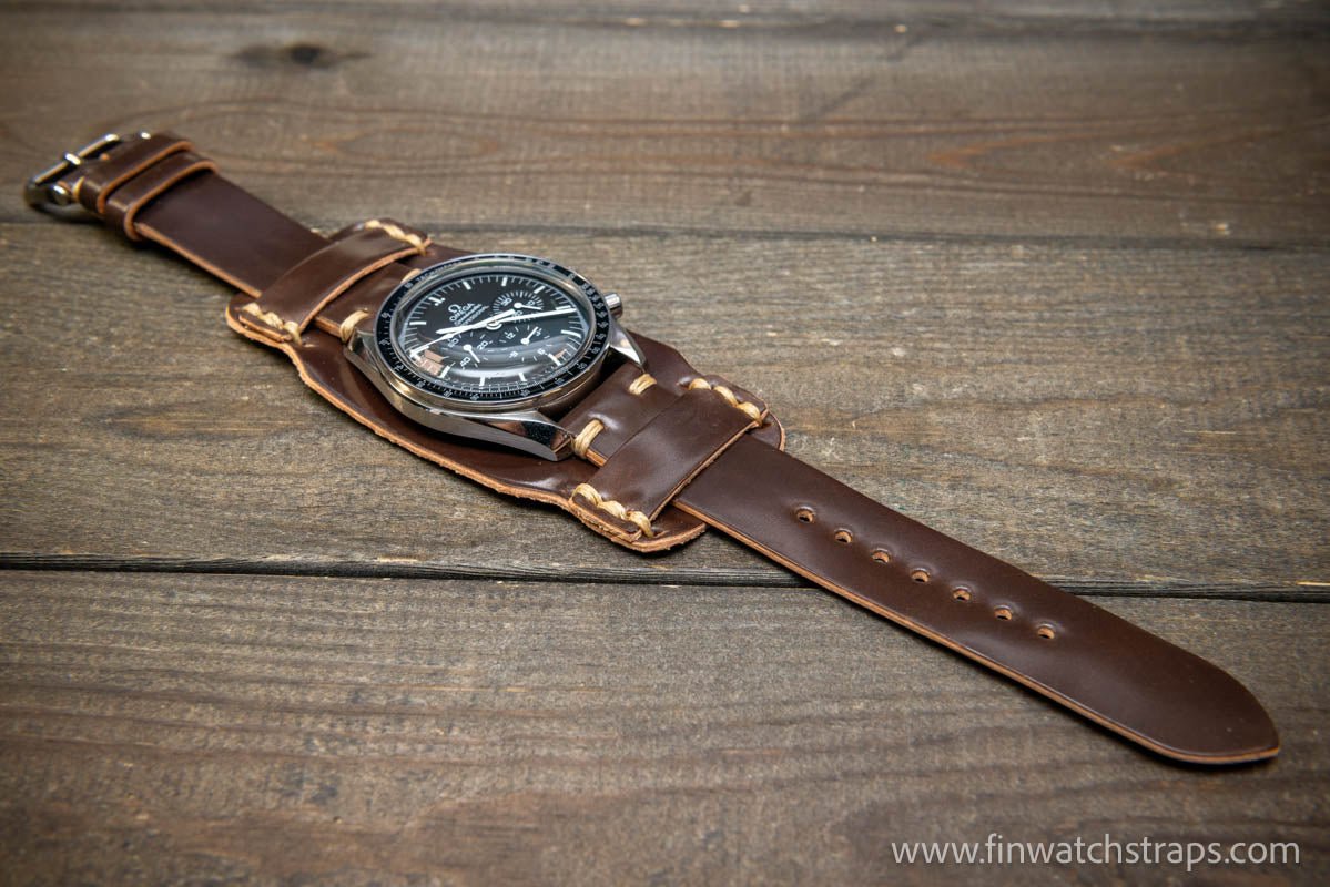Bund-style Shell Cordovan watch strap, Aviator model. Handmade in Finl