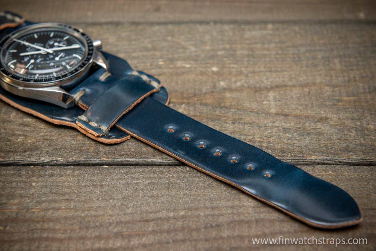 Bund-style Shell Cordovan watch strap, Aviator model. Handmade in Finl