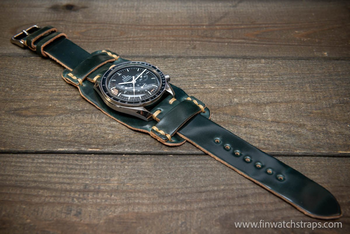Bund-style Shell Cordovan watch strap, Aviator model. Handmade in Finl