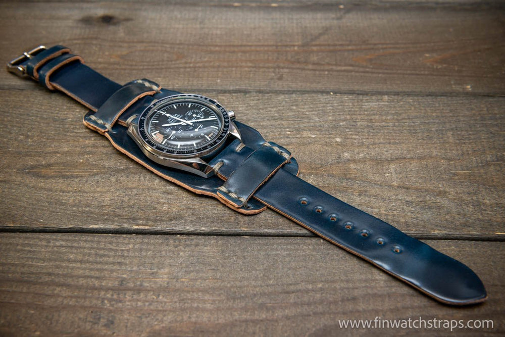 Bund-style Shell Cordovan watch strap, Aviator model. Handmade in Finl