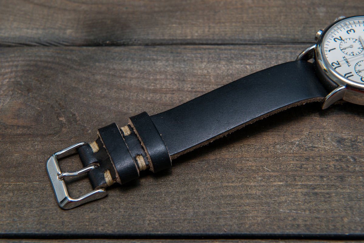 One-piece watch band for vintage watch, Horween leather, Black Chromexcel
